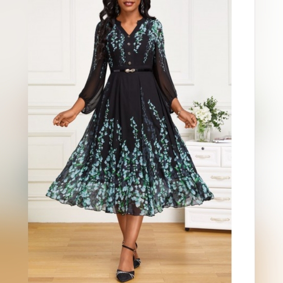 Dresses | Jing Dian Chiffon Dress With Leaf Detailing | Poshmark